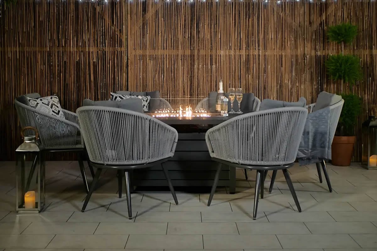 Aspen Grey Rattan 6 Seat Fire Pit Patio set - Adjustable Flame